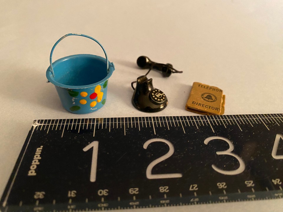 VINTAGE Doll House miniature telephone, telephone book, handpainted tin ...