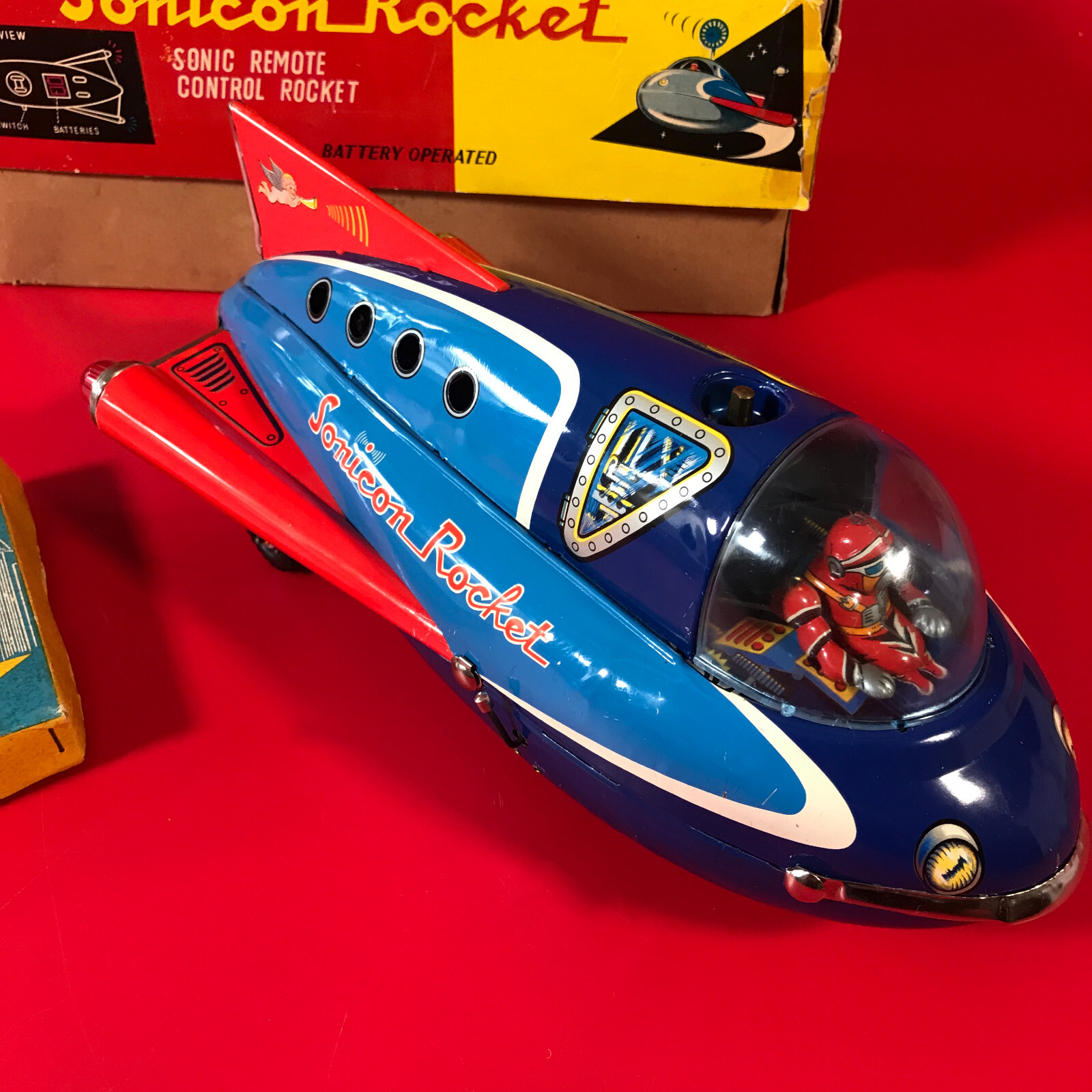 VINTAGE MASUDAYA BATTERY SONICON ROCKET REMOTE CONTROL WHISTLE TIN TOY ...