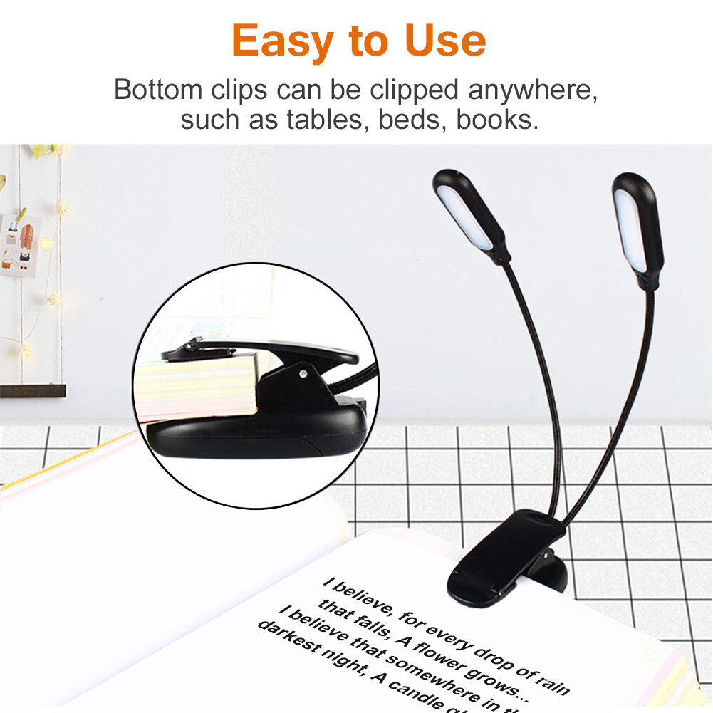 10 LED Adjustable Gooseneck Reading Light Dual Arms Clip On Gift Travel ...