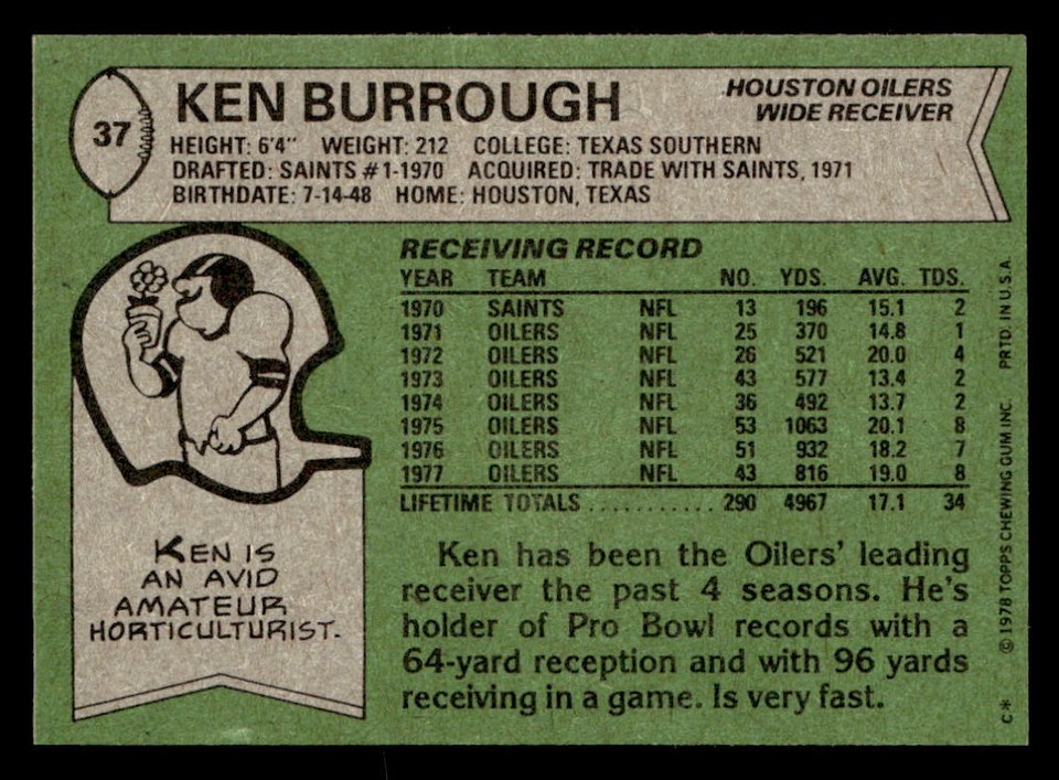 Ken Burrough 1978 Topps Card #37 Houston Oilers | eBay