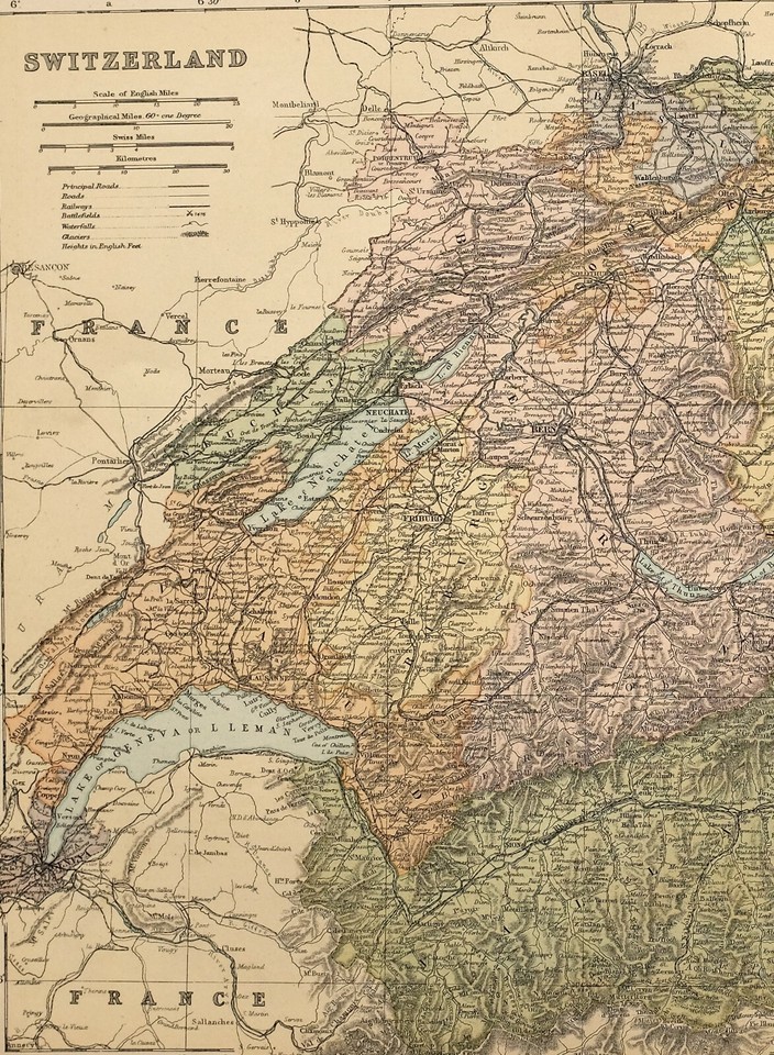 1908 MAP SWITZERLAND GRISON VALLAIS GENEVA BERN FRIBURG LUCERNE ZURICH ...