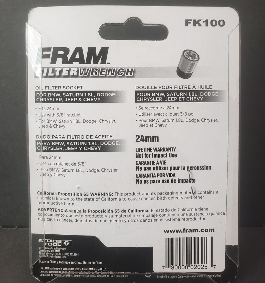 FK100 FRAM Oil Filter Socket Wrench 24 mm BMW,Chevy,Dodge,Jeep,Chrysler ...