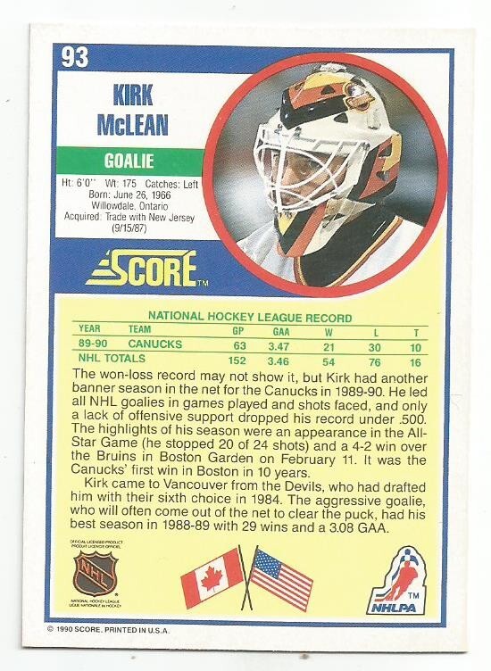 KIRK MCLEAN 1990-91 SCORE CARD NM-MT+/NM-MT CONDITION | eBay
