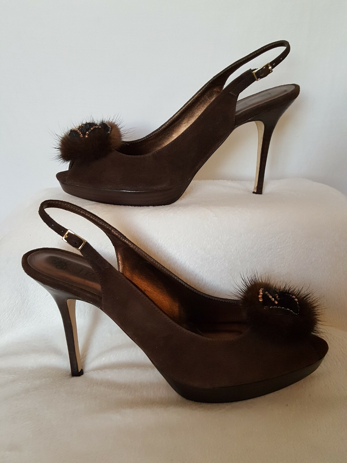 J.Renee Fallon Women 9.5N Brown Suede Peep Toe Platform Heel Pumps Fur ...
