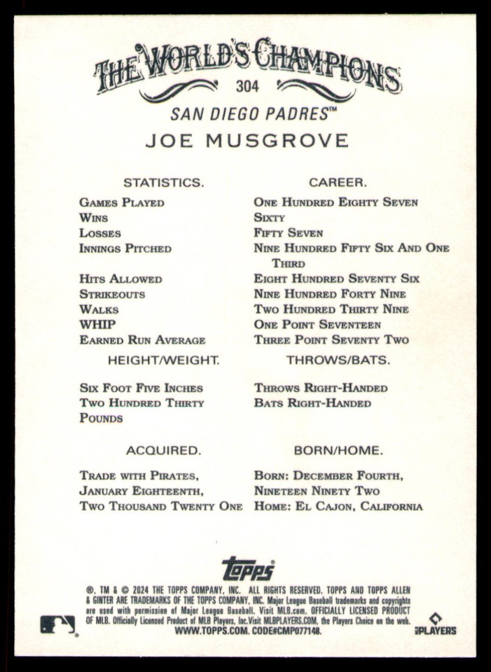 2024 Topps Allen & Ginter #304 Joe Musgrove San Diego Padres Card | eBay