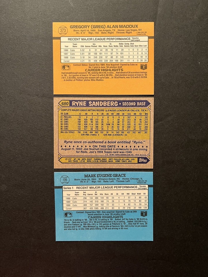 1987-90 Topps Chicago Cubs 3 card lot - Mark Grace, Ryne Sanberg, Greg ...