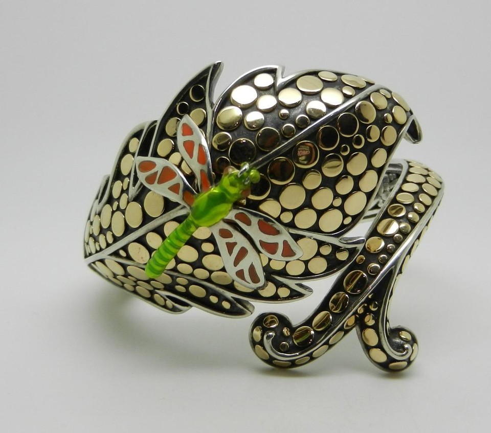 John Hardy Dot Silver & 18k Gold Leaf & Enamel Dragonfly Hinged Cuff ...