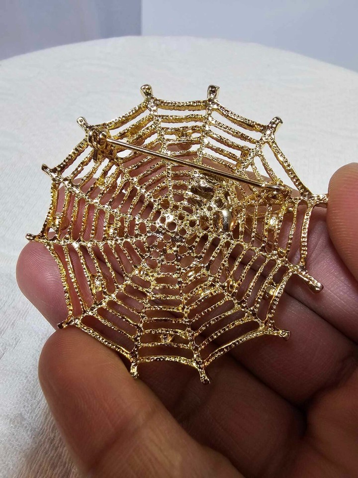 Goldtone Spider w web Brooch Pin Green eyes w/ Clear stones- S20 | eBay