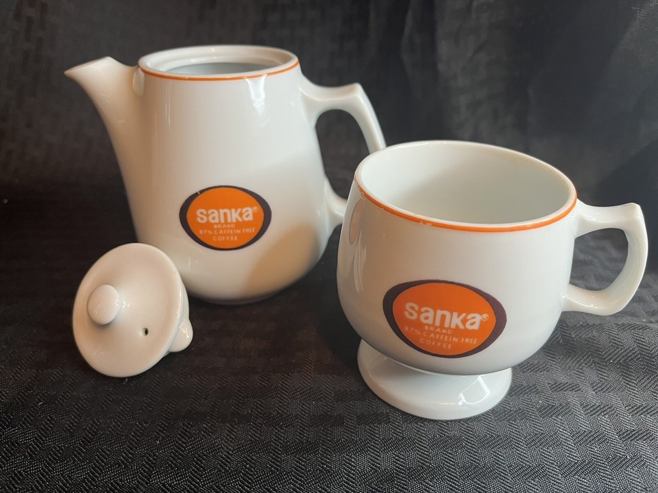 LOT Vintage SANKA COFFEE POT, MUG/CUP, CANISTER, TIN, COFFEE PACKETS ...
