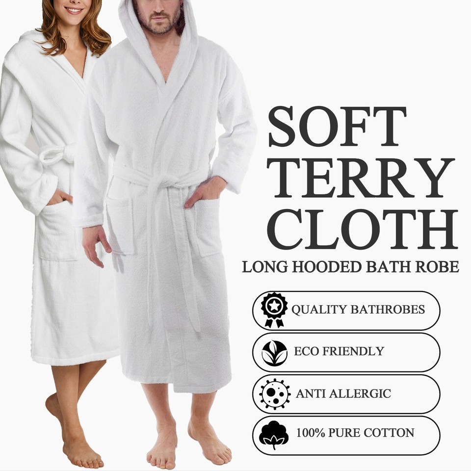 Unisex Hooded Bathrobe 100% Cotton Terry Towelling Soft Dressing Gown ...