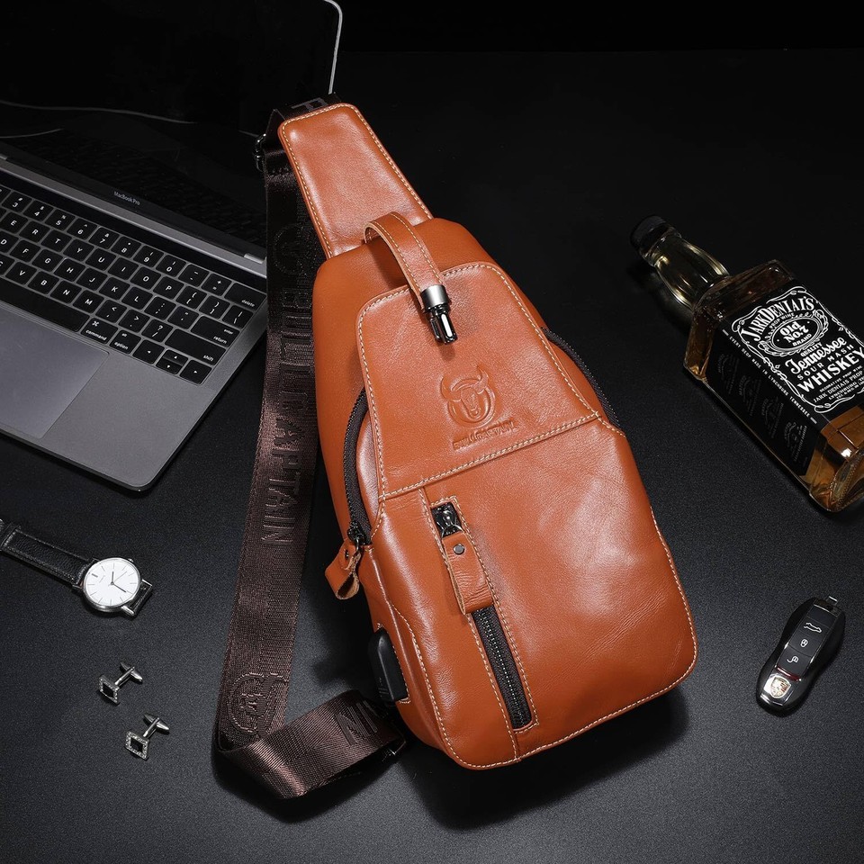 BULLCAPTAIN Genuine Leather Sling Bag Mens Crossbody Backpack Hiking ...