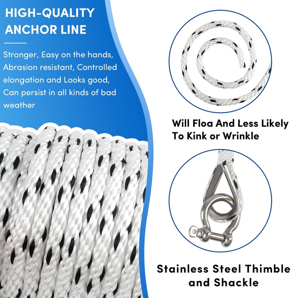 Premium Anchor Rope 50 ft x 3/8 inch Solid Braid MFP Anchor Line Marine ...