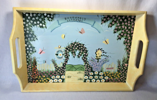 Vintage Kathy Hatch Hand Painted Floral Butterfly Garden Wood Serving ...