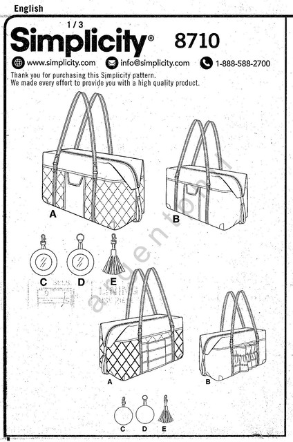 Simplicity 8710 Sewing Pattern - Duffle Bags and Accessories for sale ...