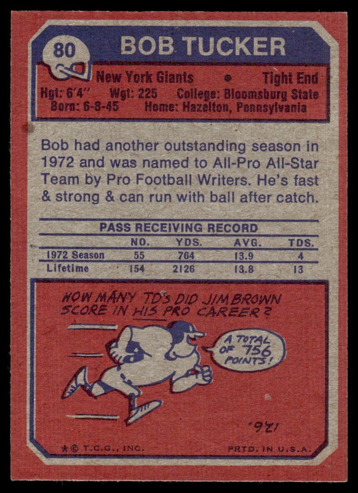 1973 Topps Bob Tucker #80 New York Giants Football Card | eBay