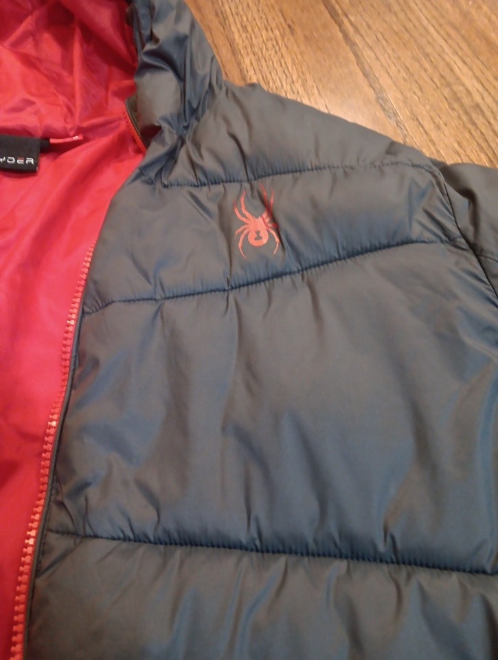 SPYDER Mens M Gray Puffer Jacket / Coat with Hood Red Accents Excellent ...