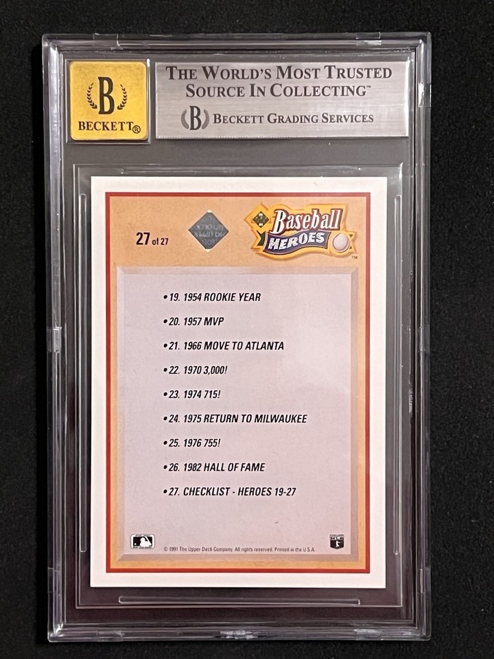 1991 UPPER DECK HEROES HANK AARON AUTO #27 CHECKLIST #/2500 BGS 8 AUTO ...