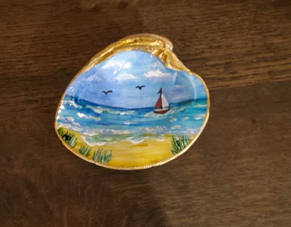 Seashell Hand Painted Beach, Sailboat and Ocean with Birds Gold Leaf ...