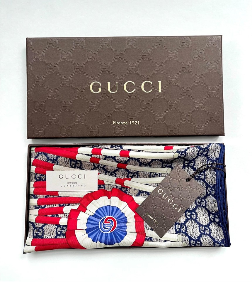 New Gucci Scarf GG Logo WEB Club Blue Silk Wrap Bandana Headband with ...