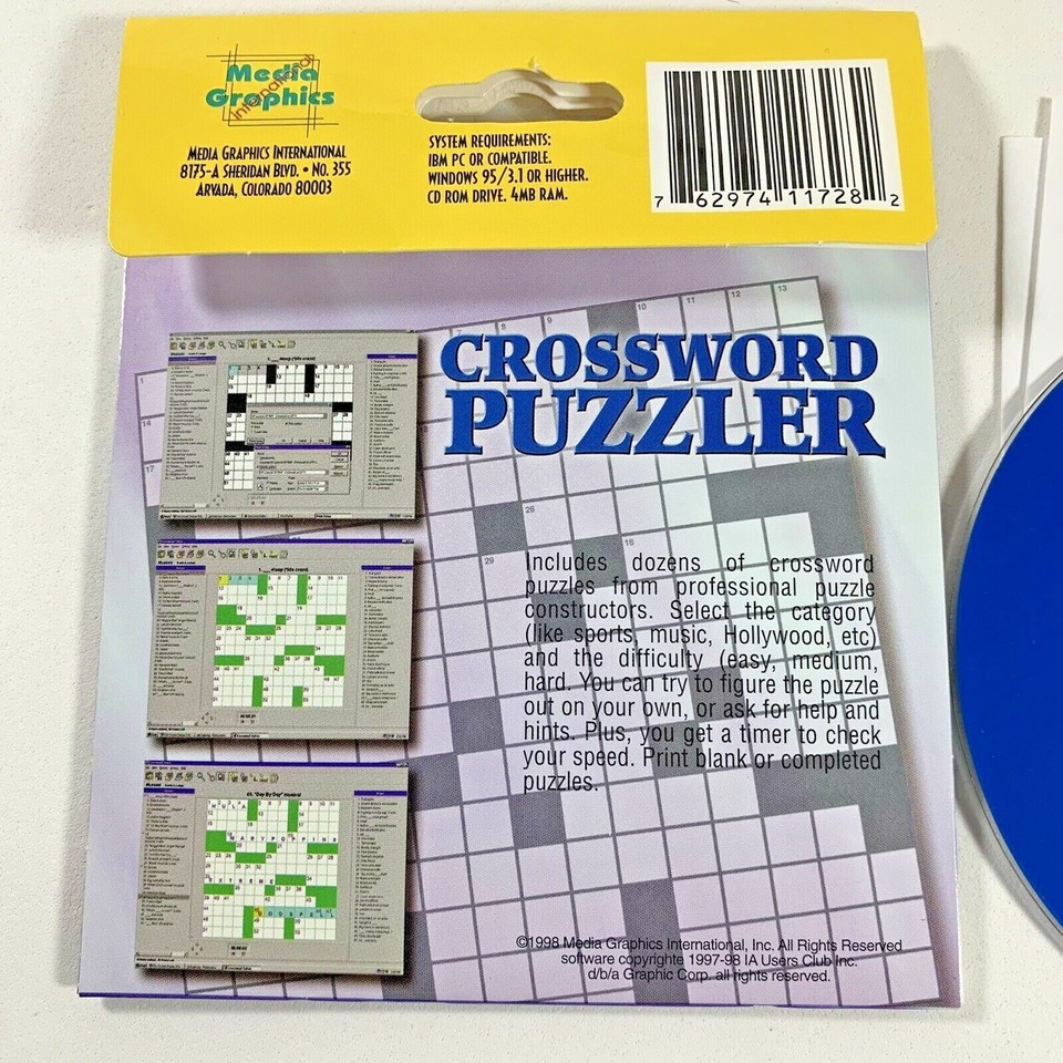 Crossword Puzzler PC Game (1998 CD-ROM) Media Graphics Crossword ...
