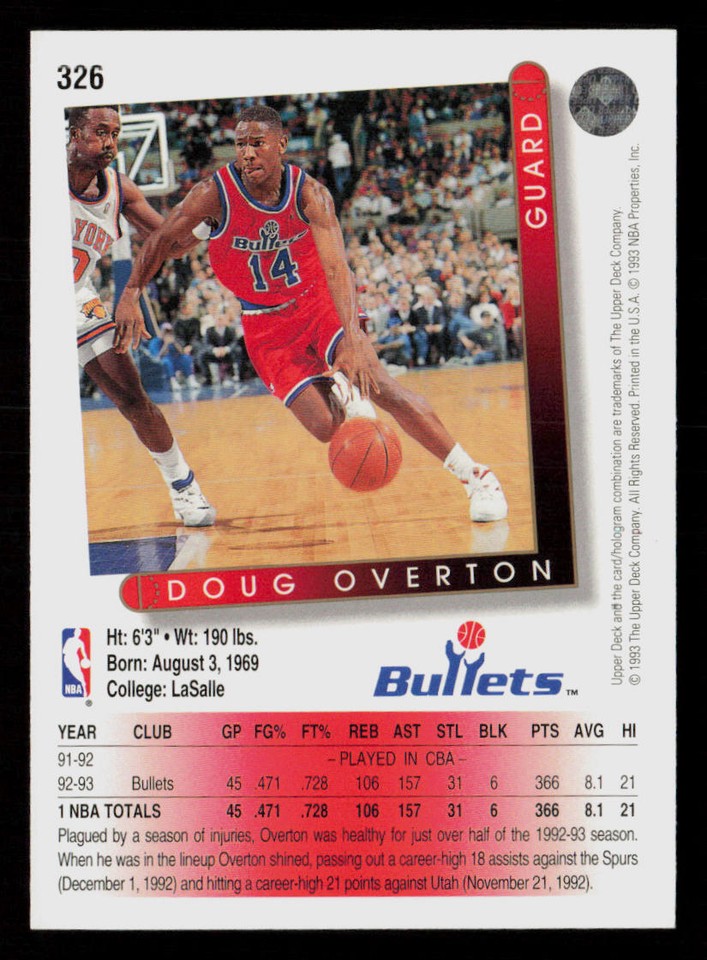Doug Overton 1993-94 Upper Deck #326 Washington Bullets Basketball Card ...