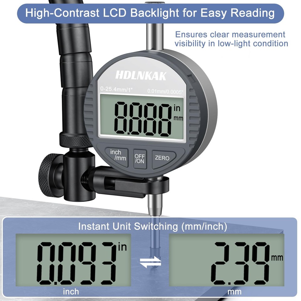 HDLNKAK Electronic Digital Dial Indicator Gauge Inch/Metric Conversion ...
