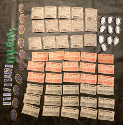 VTG LOT 85 GUMMED LABELS FOR MEDICINE BOTTLES POISON LIME PEPPERMINT ...