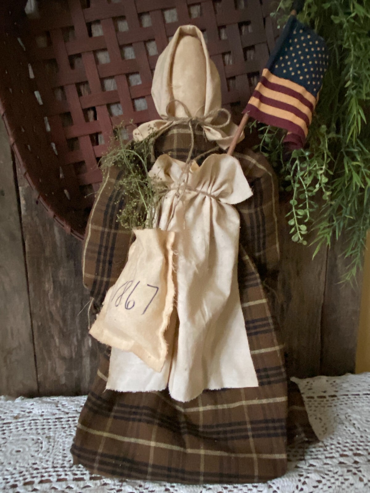 Primitive Country Farmhouse Handcrafted Patriotic Prairie Doll W/ Sweet ...
