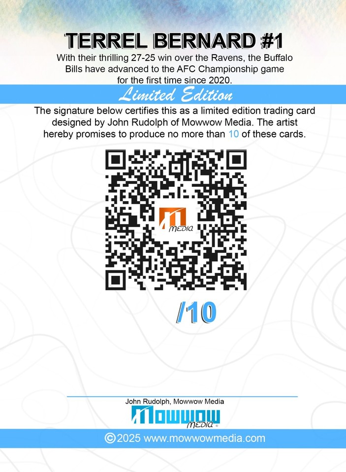 Terrell Bernard #1 Art Card Limited 3/10 John Rudolph Signed Only 10 ...