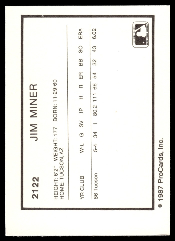 1987 ProCards #2122 Jim Miner Rookie Tucson Toros | eBay