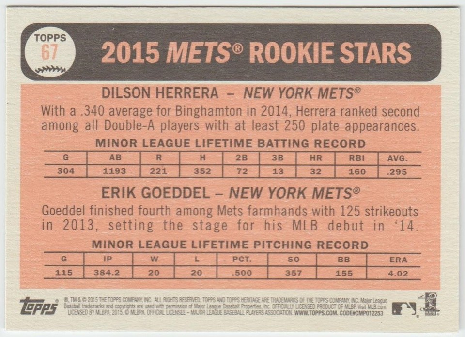 2015 Topps Heritage Baseball #67 Erik Goeddel RC / Dilson Herrera RC ...
