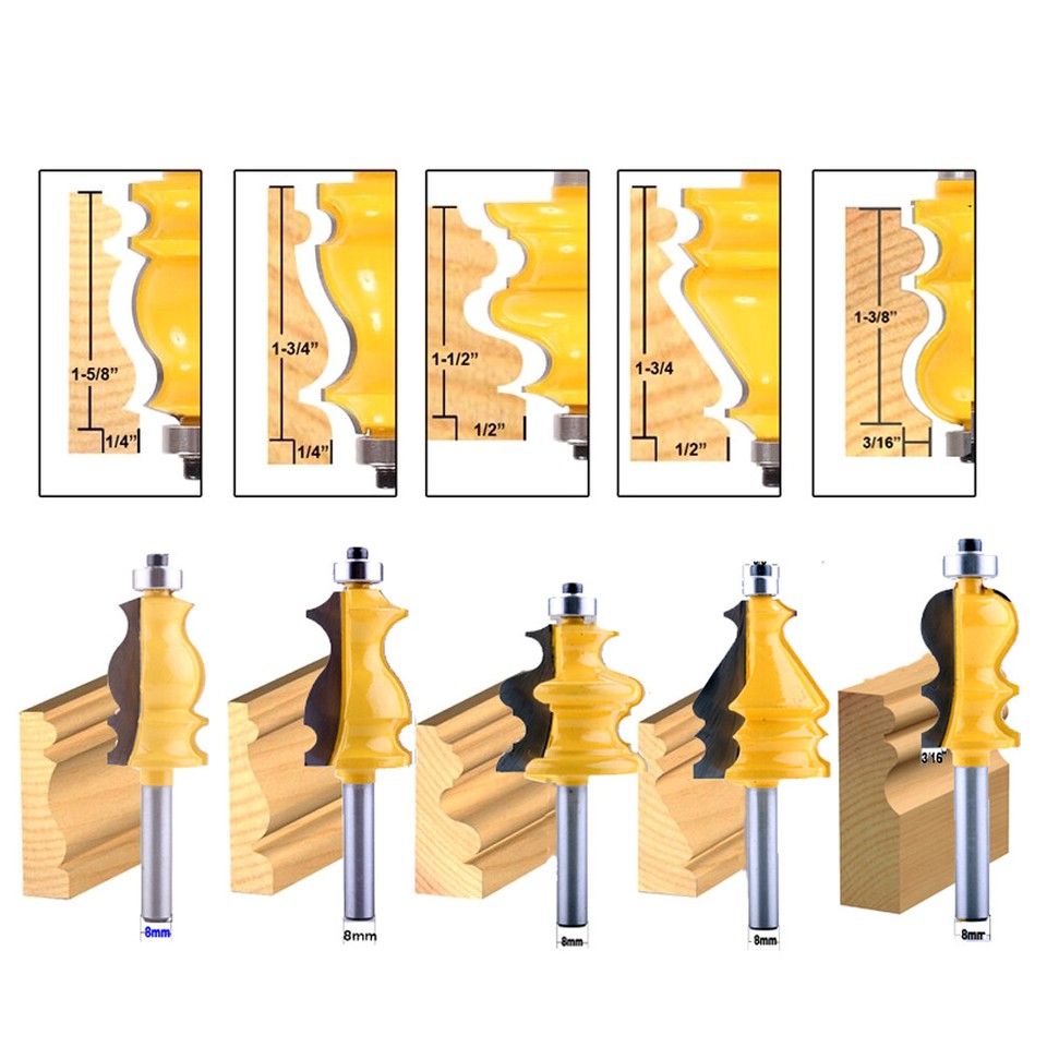5Pcs 8mm Shank Architectural Molding Router Bit Set Woodworking Cutter ...