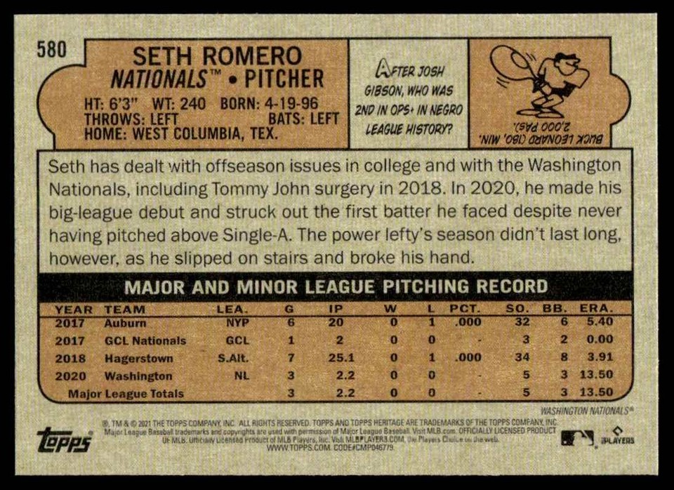 2021 TOPPS HERITAGE BASEBALL CARD SETH ROMERO #580 RC WASHINGTON ...