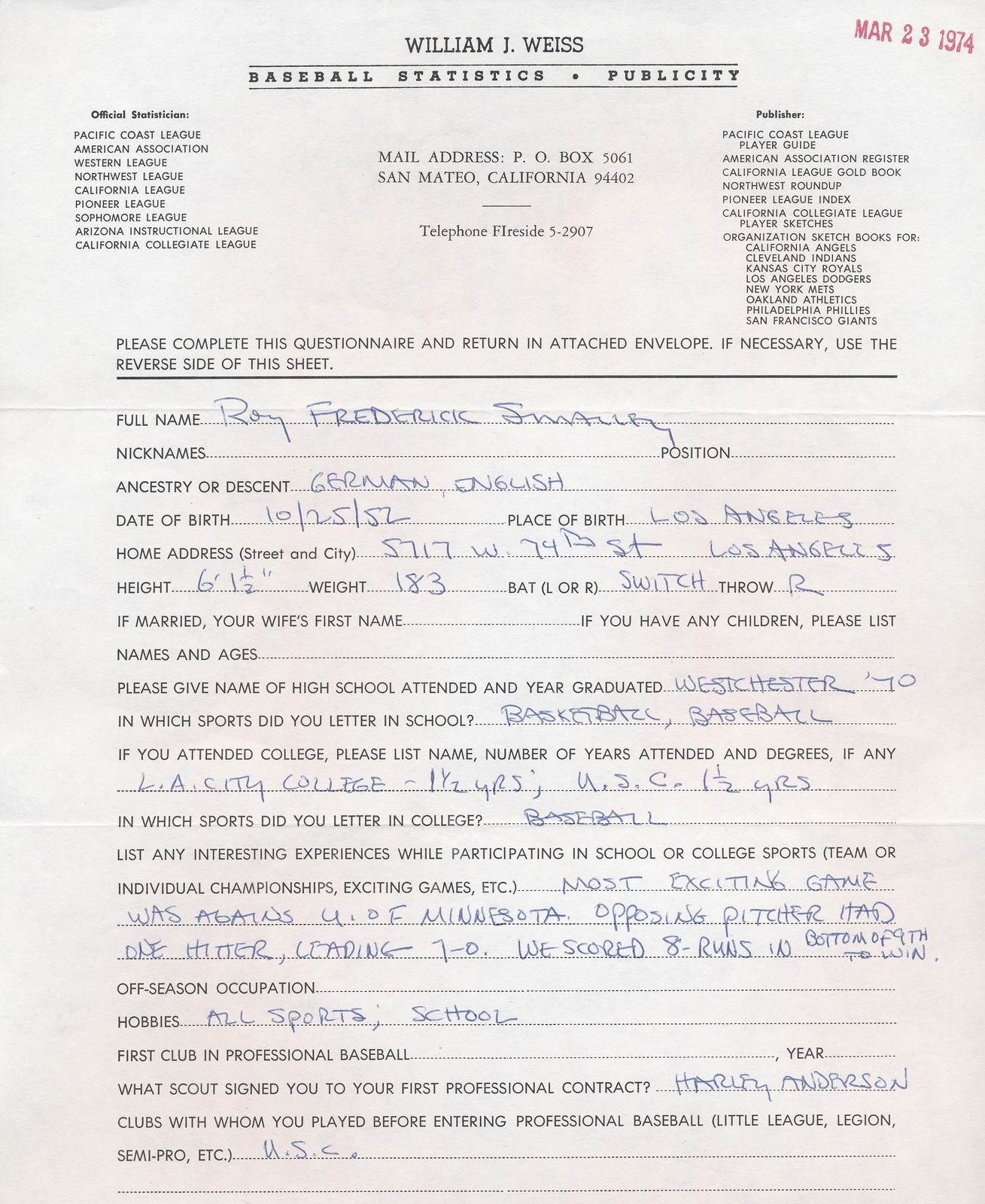 ROY SMALLEY III 1974 SIGNED PRINTED BASEBALL QUESTIONNAIRE PRE MLB | eBay
