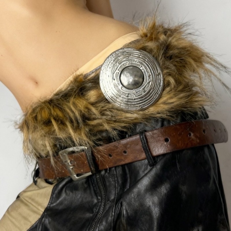 Furry Fashion Belt Features Design Metal Round Clasp Enhances Visual ...