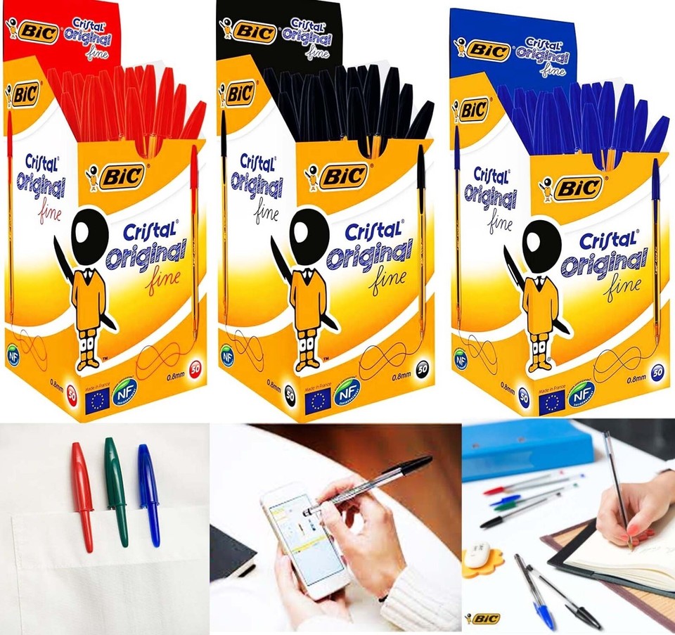 BIC PENS Cristal Medium Ball Point Pens Biros (BLACK, BLUE & RED OPTION ...