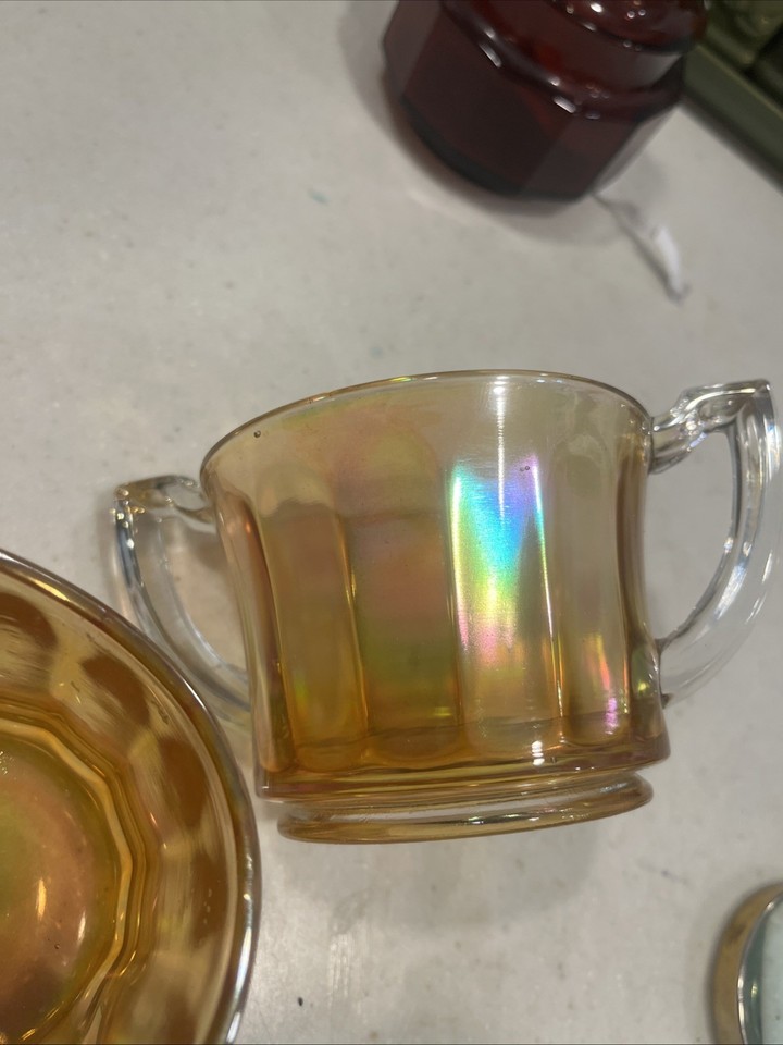 Vintage Depression / Carnival Glass Sugar Bowl & Creamer Marigold ...