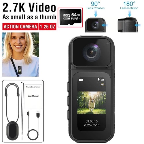 64GB FHD 1080P Mini Rotate Body Camera, Wearable Action Body Cam, Thumb ...