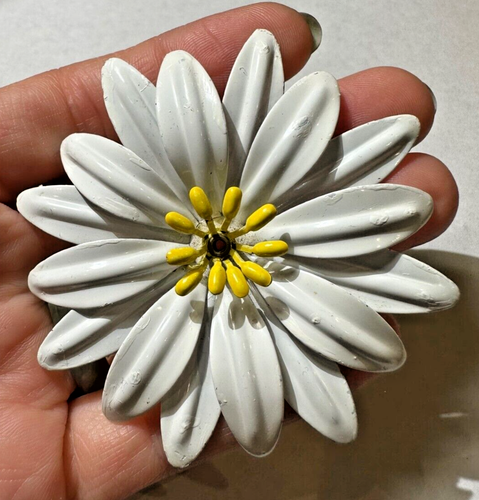 Vintage Gerbera Daisy White Yellow Enamel Flower Rhinestone Brooch Pin | eBay