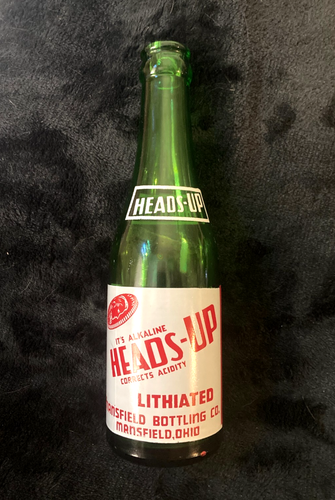 Vtg. Heads-Up 7oz. Lithiated Soda Bottle...Red & White On Green...Rare ...