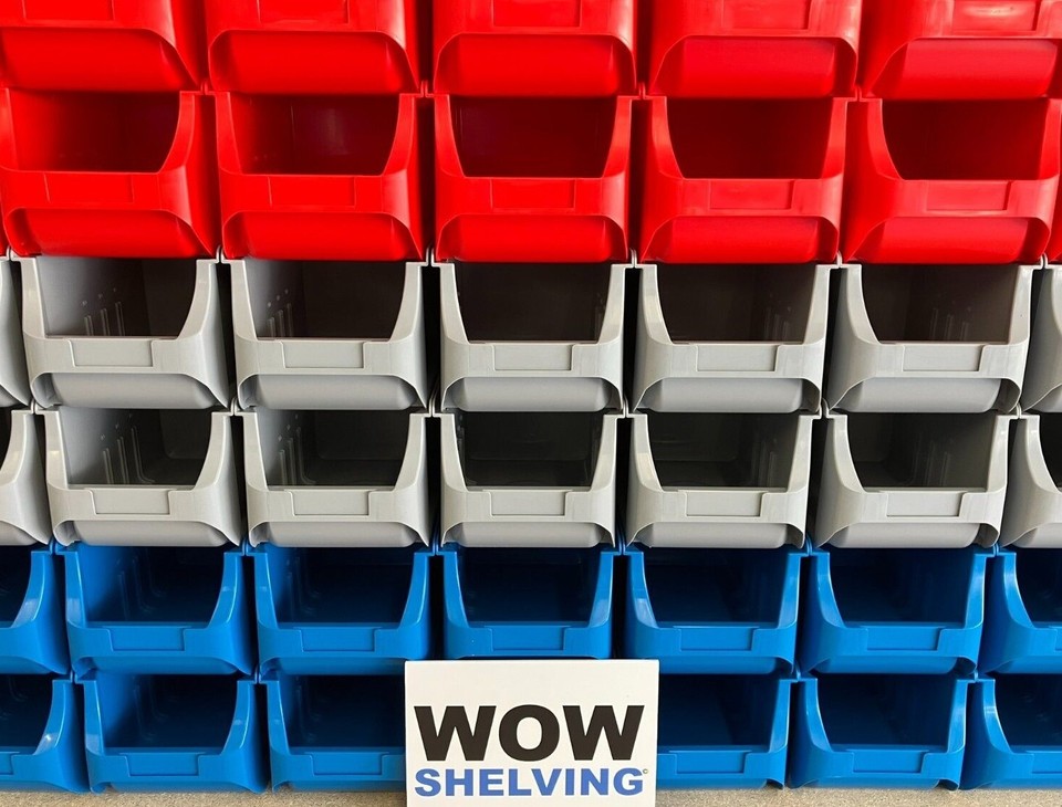 Hanging stacking plastic parts storage lin bins boxes garage workshop ...