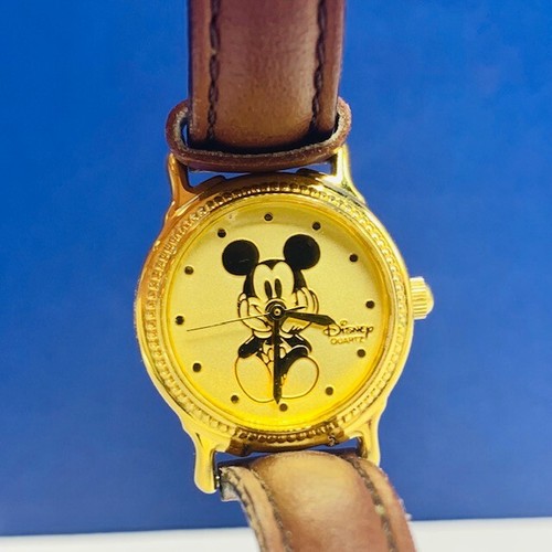 Mickey Mouse gold watch womens leather band wristwatch vtg Time Works ...