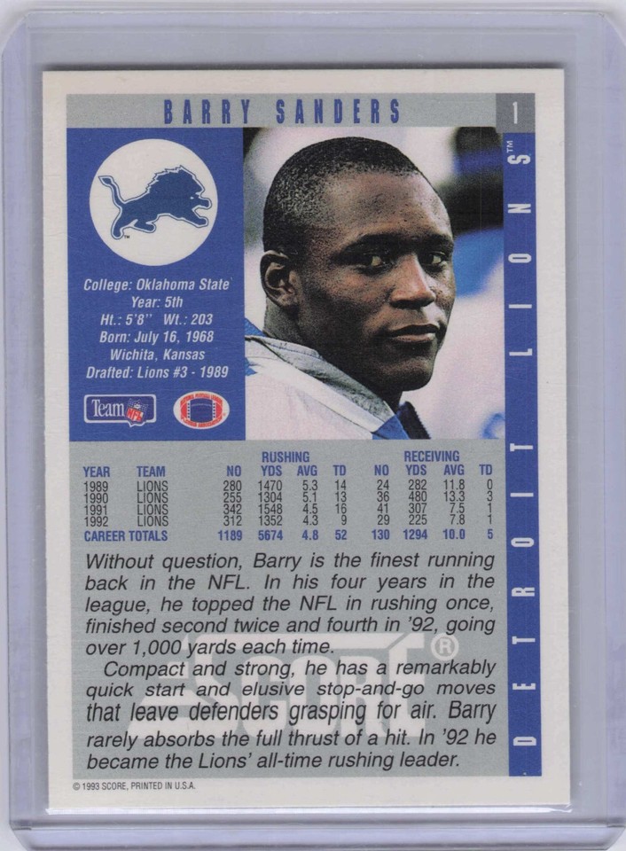 1993 Score - Barry Sanders #1 | eBay