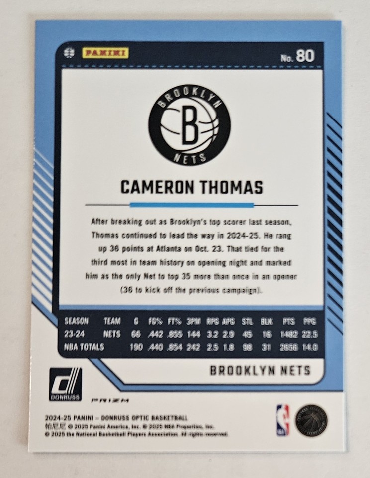 CAMERON THOMAS 2024-25 Panini Donruss Optic - Holo Prizm #80 Nets All ...