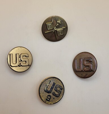 4 Vintage WWII Army/Military US Collar Brass Pins~3 U.S. Pins & 1 Flag ...