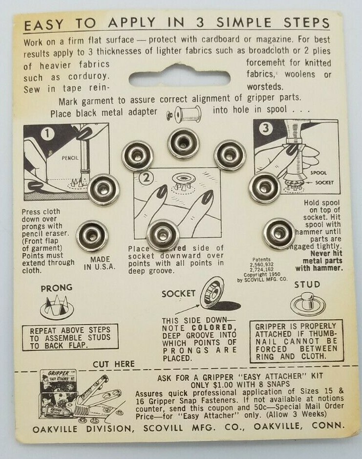 Vintage Scovill Gripper Snap Fasteners Card Size 15 For Thinner Fabrics ...