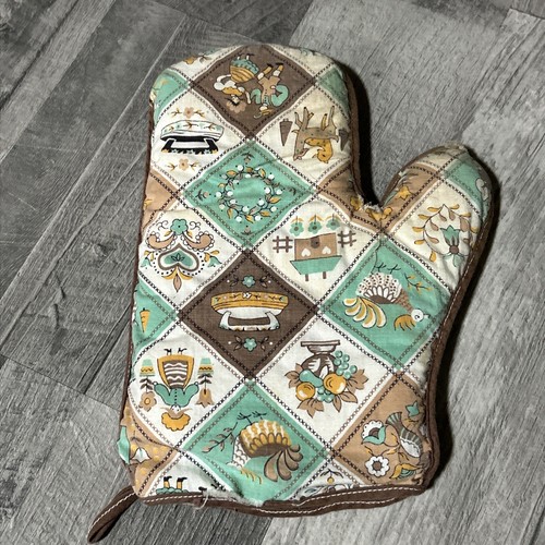 Vintage Oven Mitt Pot Holder Teal Brown white Floral Hippie Mod W16 | eBay