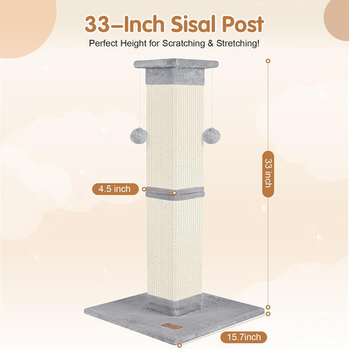 Cat Scratching Post 33 Inch for Indoor Cats, High Cat Scratch Post Grey ...