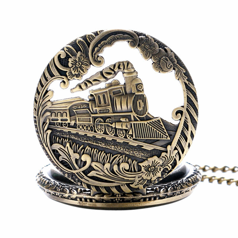 Vintage Engraved Pocket Watch with Chain Bronze Train Steampunk Watches ...