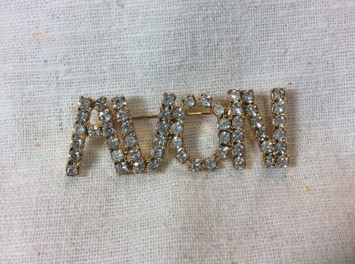 Pin Brooch Lapel Gold Tone AVON Bold Block Letter Full Rhinestones 2” X ...